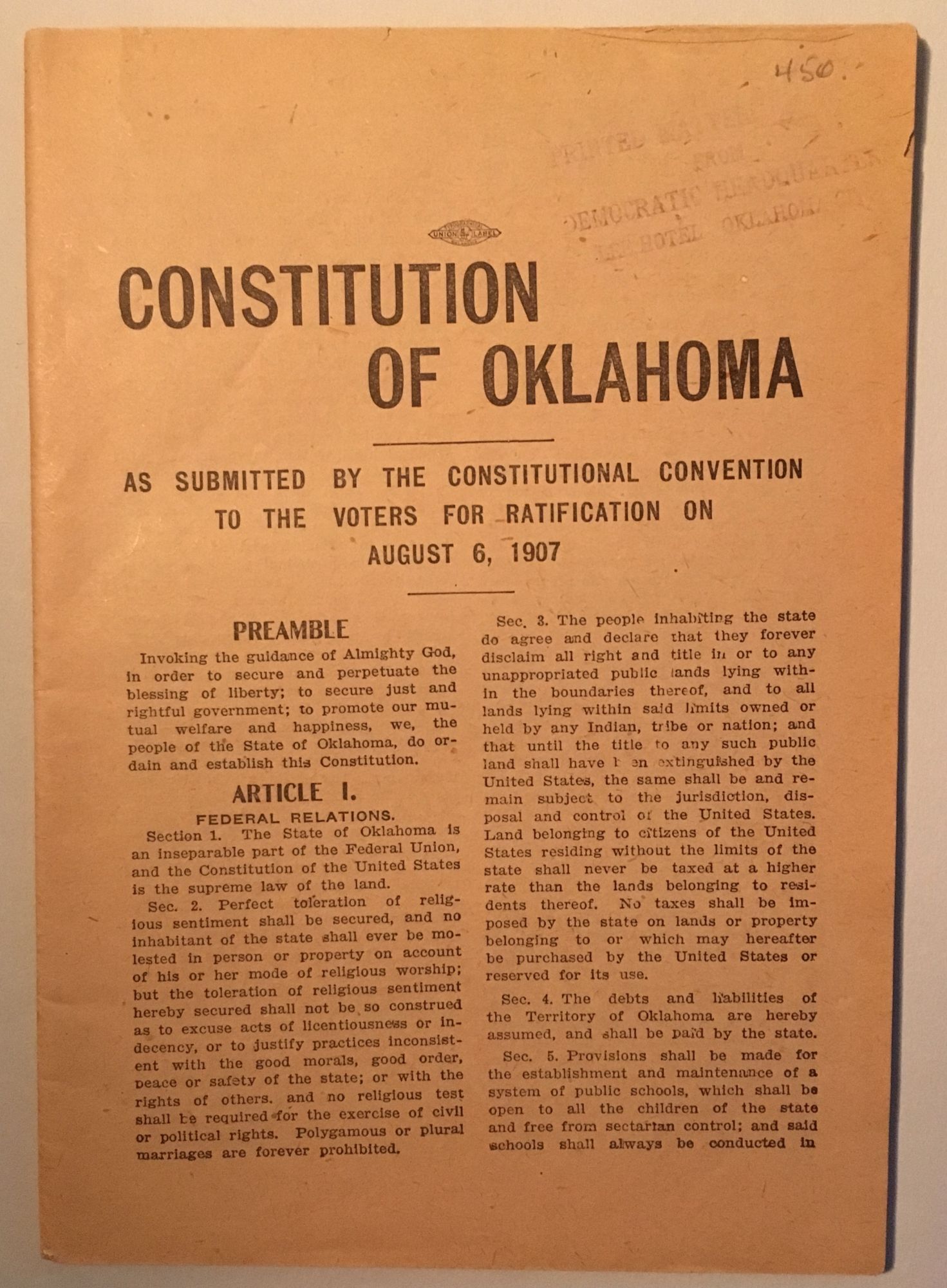 Constitution of Oklahoma as Submitted by the Constitutional Convention ...